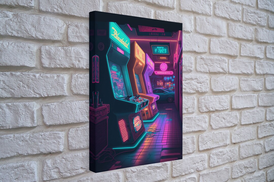 The Neon Arcade, Gamer Room Decor, Unique Game Room Art, Framed Canvas ...