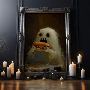 Cute Ghost Chompin on A Hot Dog, Ghostly Hot Dog Thief, Framed Canvas ...