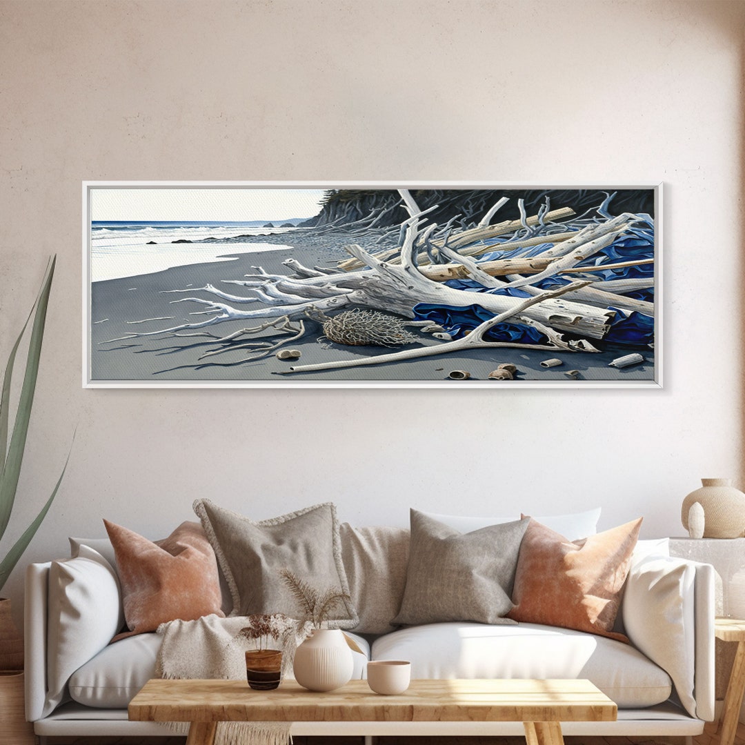 Driftwood, Panoramic Framed Canvas Print, Pacific Northwest / Washington State Driftwood Washed ...