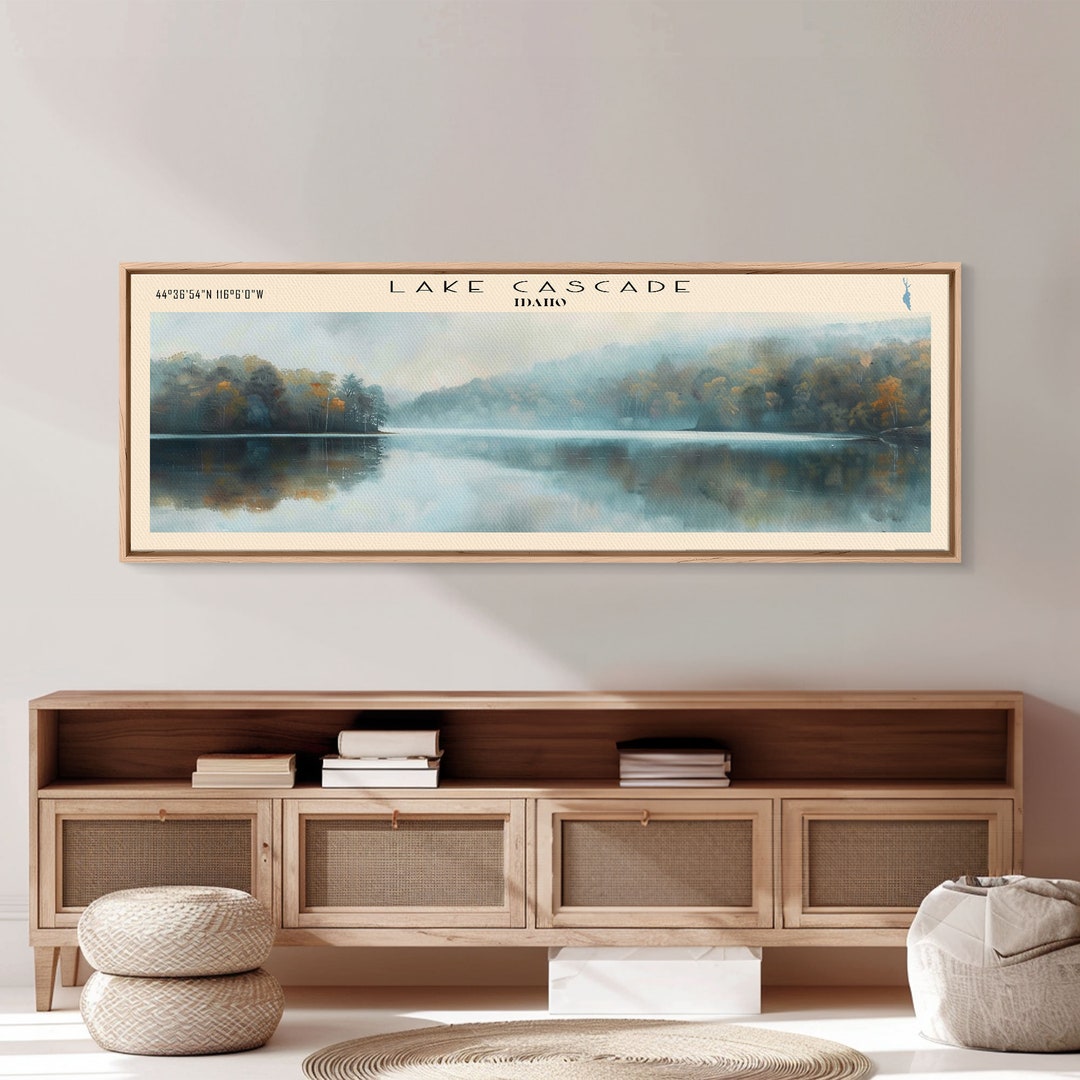 Lake Cascade Framed Canvas Print, Panoramic Lake House Decor, Wall Art ...