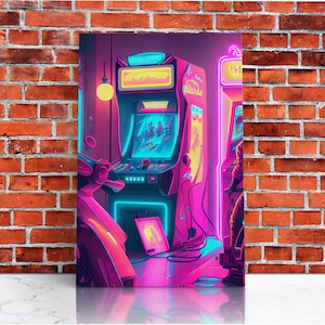 Game Room Decor, Framed Canvas Print, Synthwave Arcade, Boys Room ...