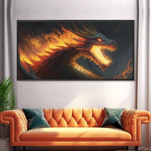 Fire Breathing Horned Dragon, Framed Canvas Print, Colorful Fantasy ...