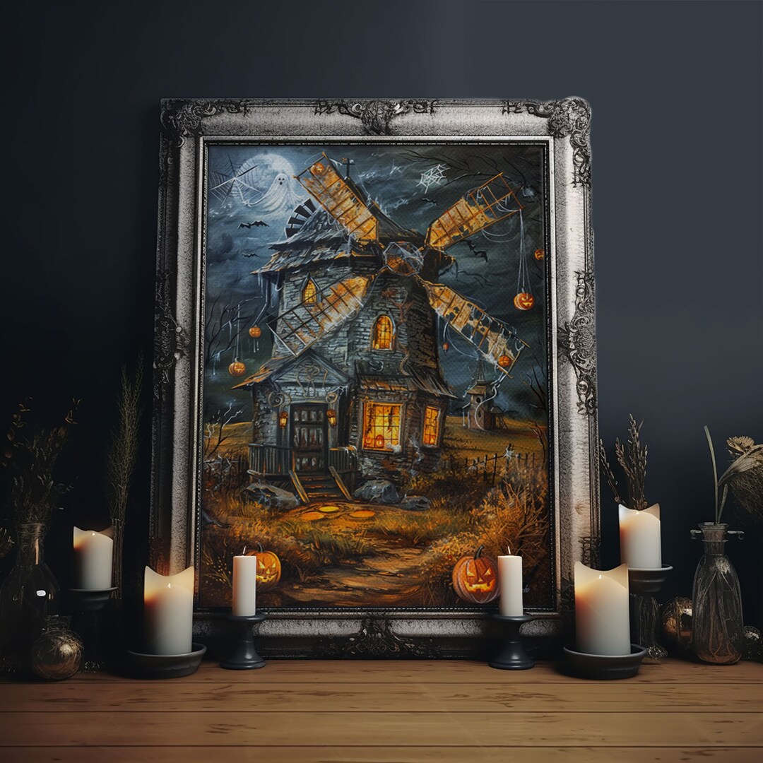 Spooky Windmill With Pumpkins Framed Canvas Print, Wall Art, Halloween ...