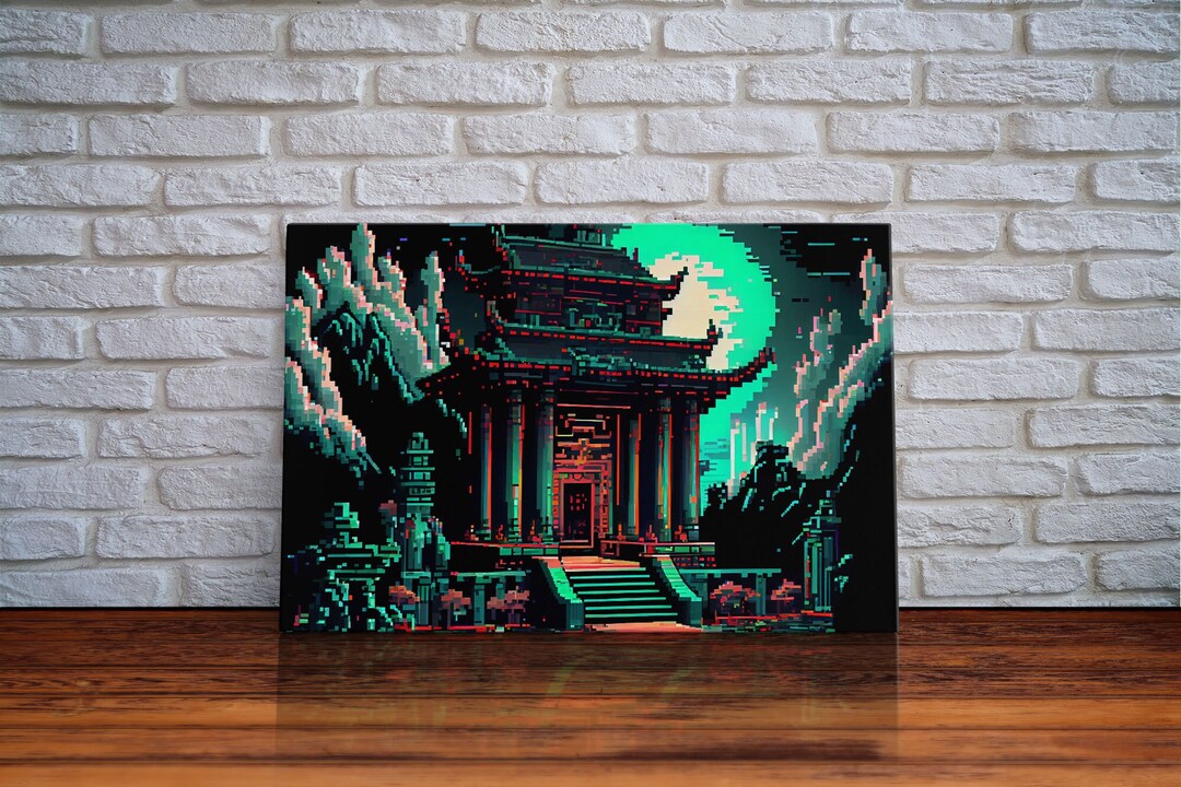 Japanese Pagoda Pixel Art, Cyberpunk Style Pagoda, Framed Canvas Print ...