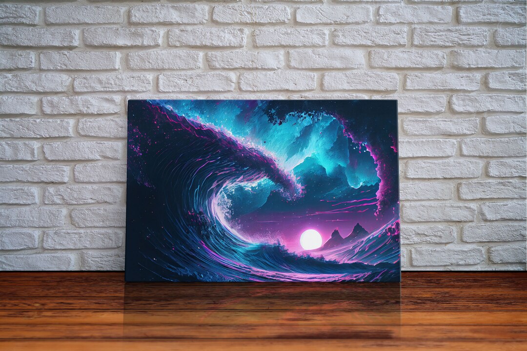 The Wave, Synthwave Style Ocean Art, Sunset in a Wave, Framed Canvas ...