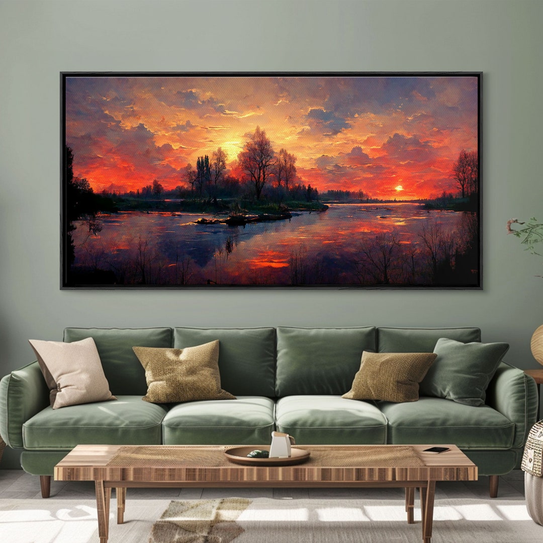 Lake Sunset Oil Painting on Canvas, Canvas Print, Ready to Hang Gallery ...