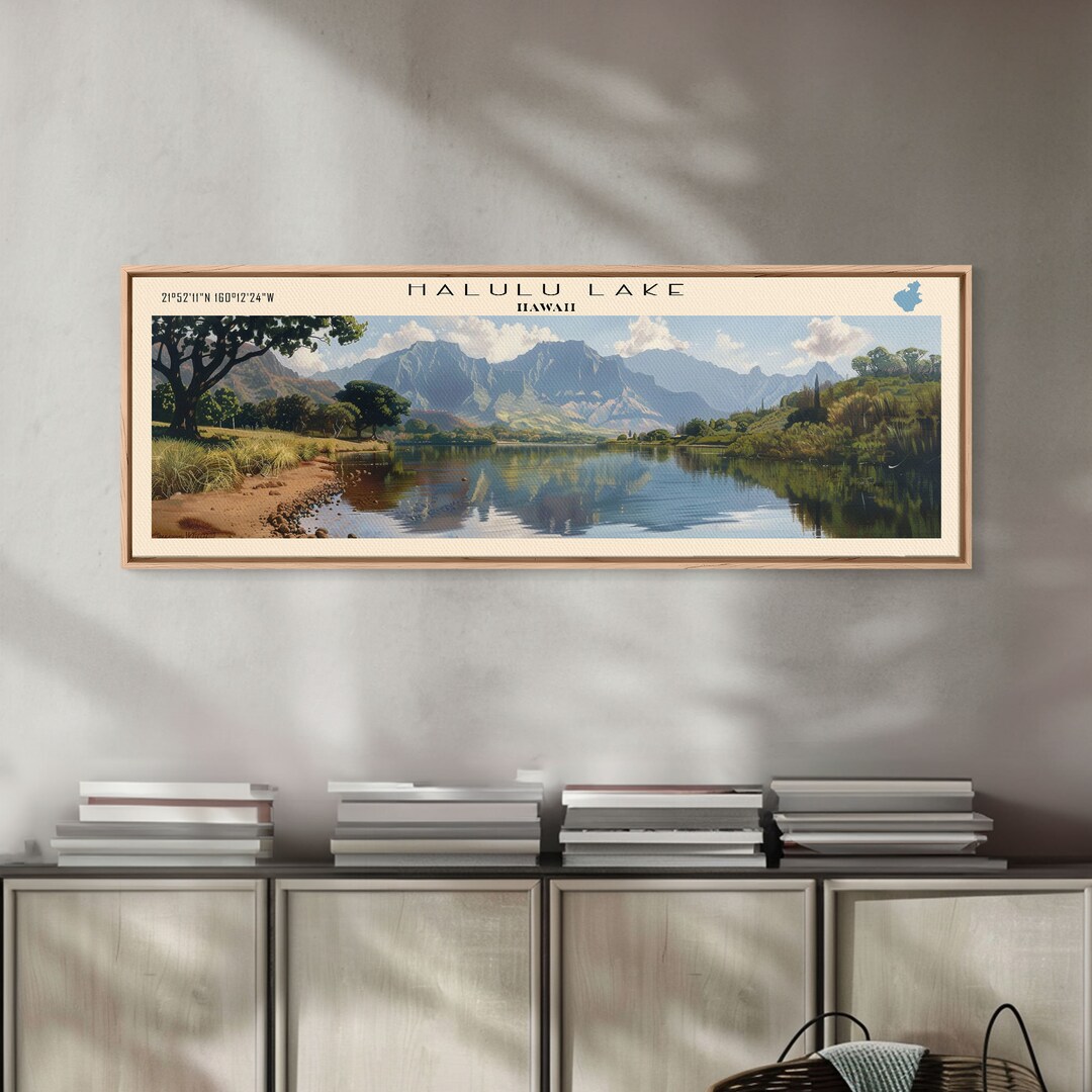 Halulu Lake Hawaii Framed Canvas Print, Lake House Art, Panoramic Wall ...