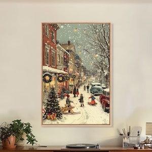 Vintage Christmas Town Scene With Children Playing in Snow, Holiday ...