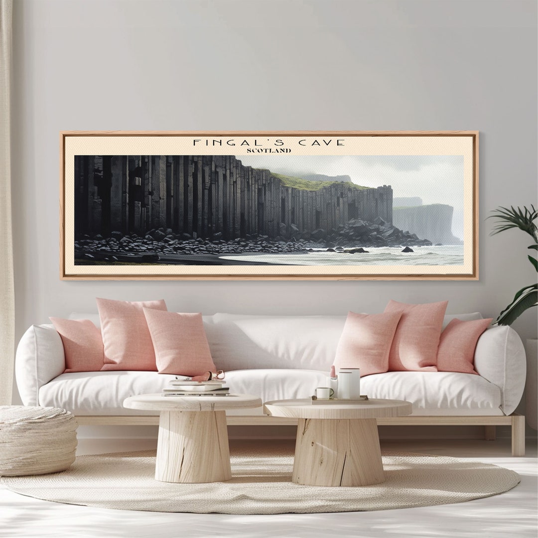 Fingal's Cave Retro Travel Poster - Panoramic Framed Canvas Print ...