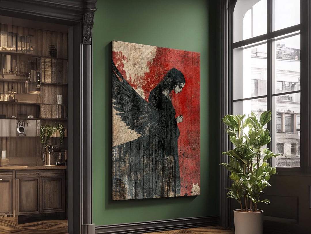 Gothic Angel Red Background Canvas Print Dark Angels Wall Art Moody ...