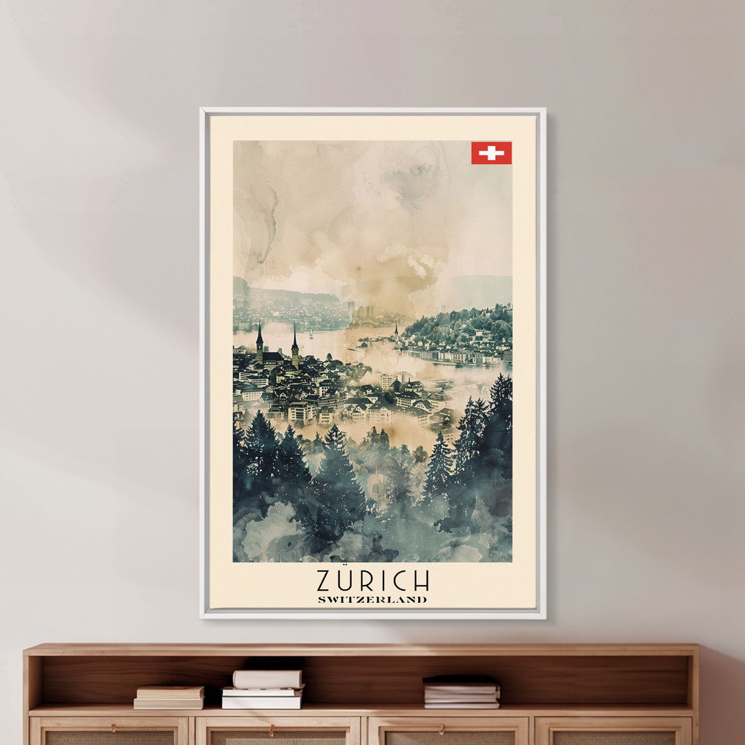 Zurich Switzerland Travel Poster Framed Canvas Print, Watercolor ...