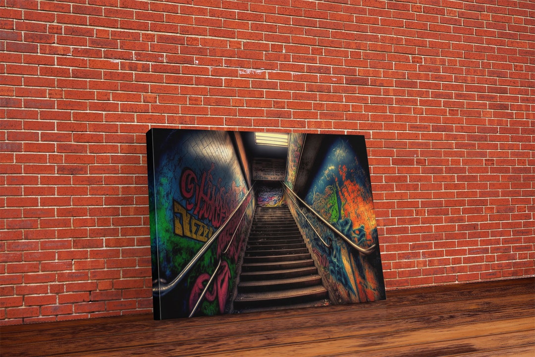 Graffiti Covered Staircase | Subway Stairs | Framed Canvas Print | Punk ...