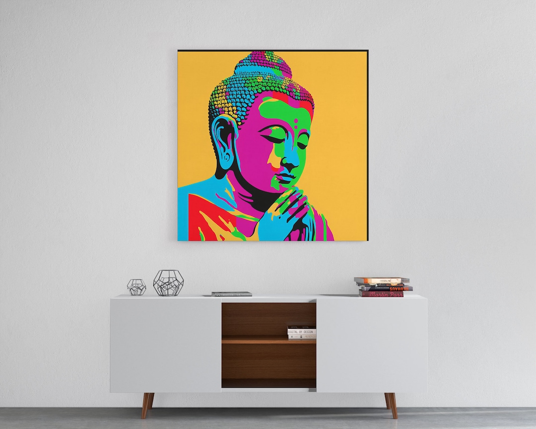 Rainbow Pop Art Buddha, Framed Canvas Print, Smiling Buddha Wall Art ...