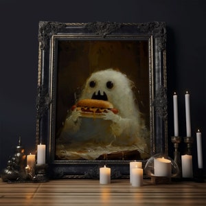 Cute Ghost Chompin on A Hot Dog, Ghostly Hot Dog Thief, Framed Canvas ...
