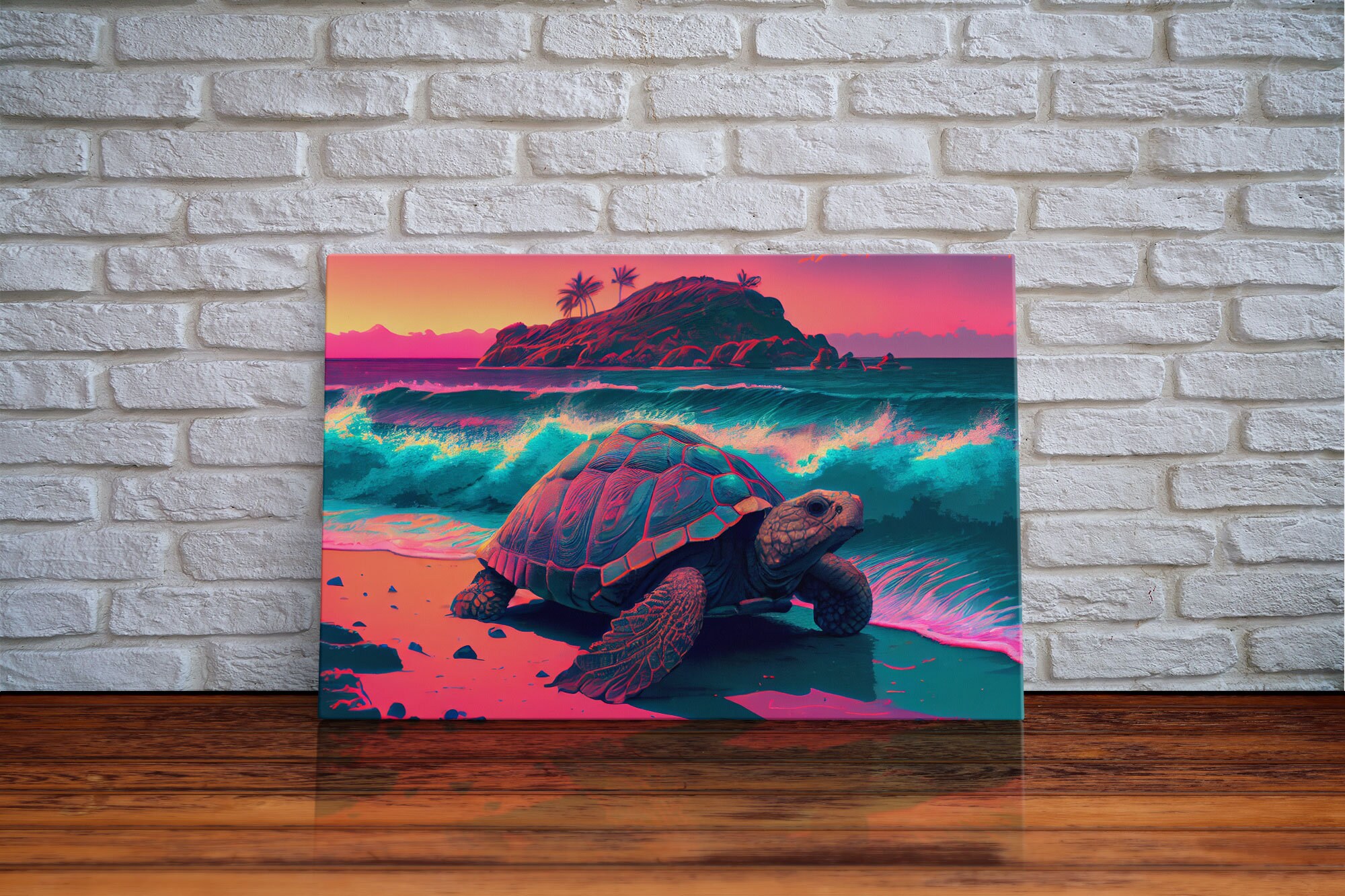 Sea Turtle Fighting the Waves Framed Canvas Art Synthwave - Etsy