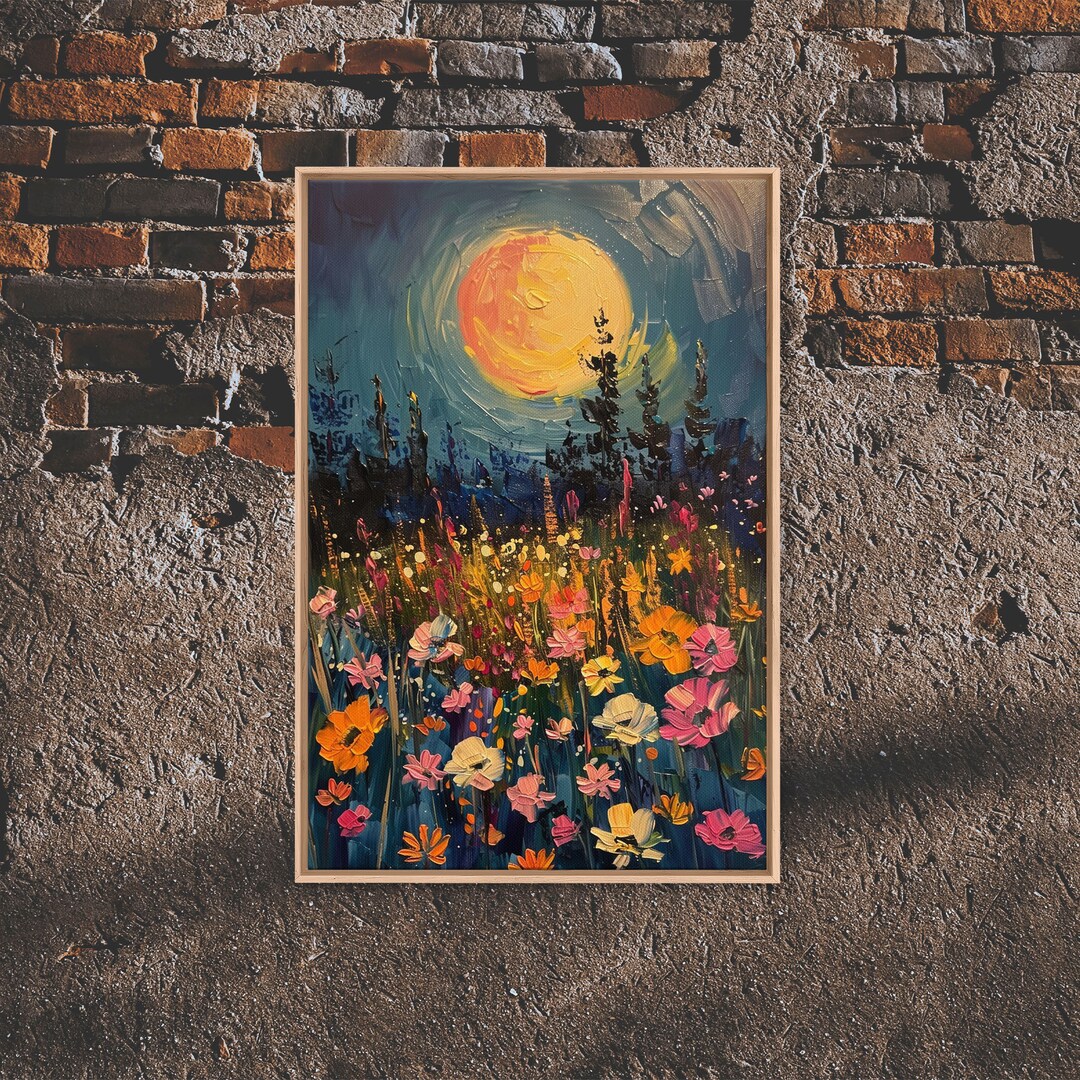 Full Moon Above the Wildflowers, Framed Canvas Print, Woodland Art ...