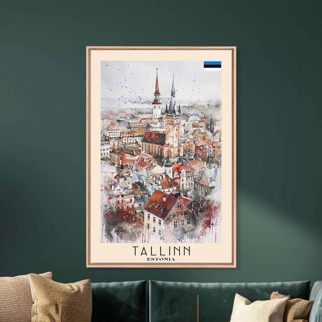 Tallinn Estonia Travel Poster Framed Canvas Print, Watercolor Painting ...