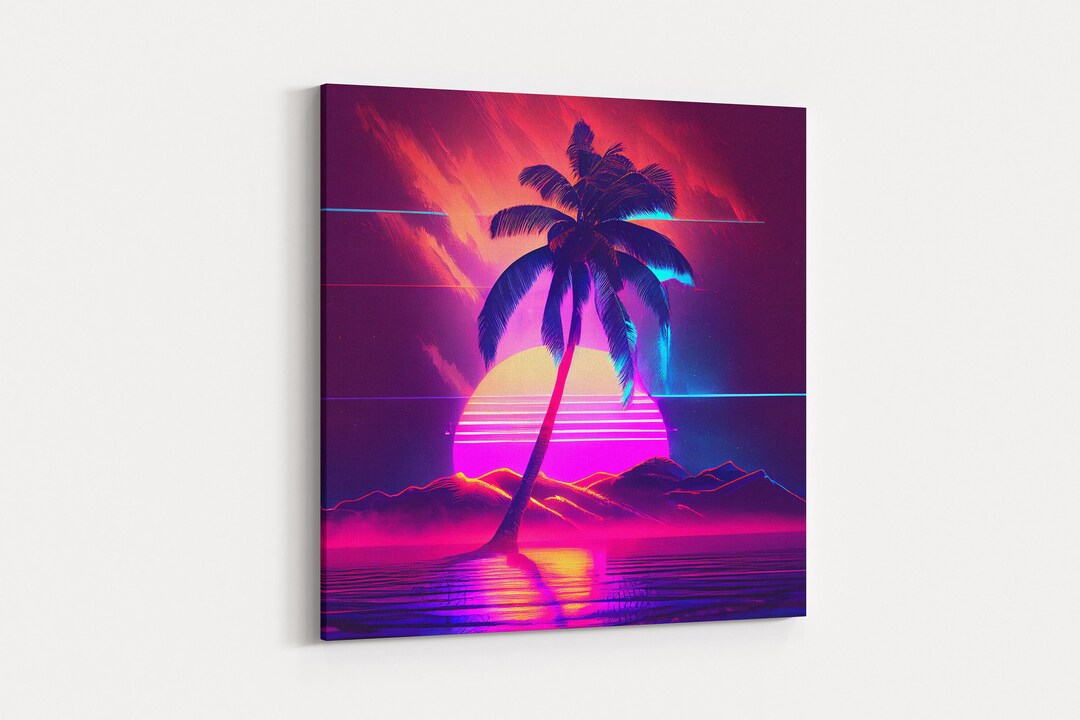 Neon Full Moon, Outrun Style Tropical Art, Pop Art Sunset, Framed ...