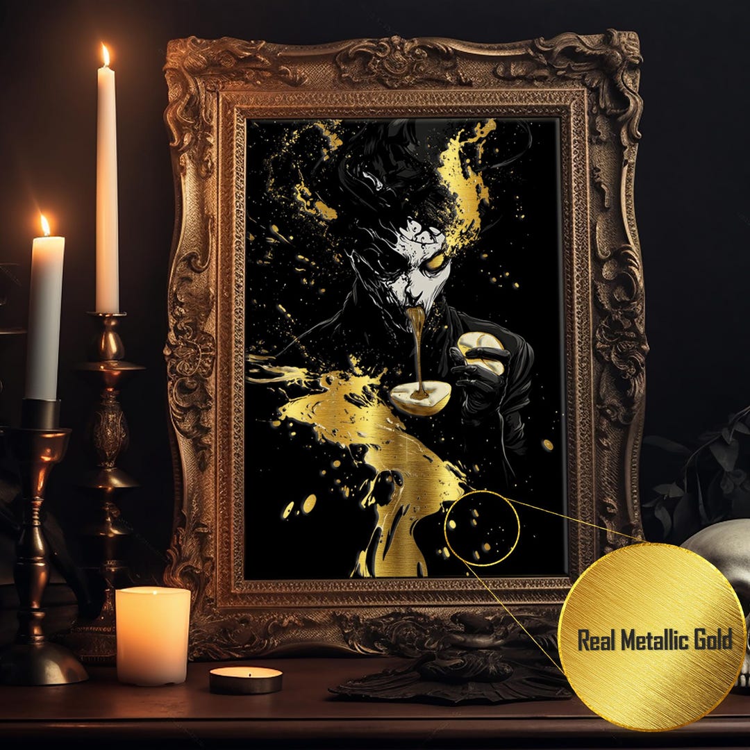 Haunted Apple Eater Metallic Gold Art, Dark Spooky Metal Art Design ...