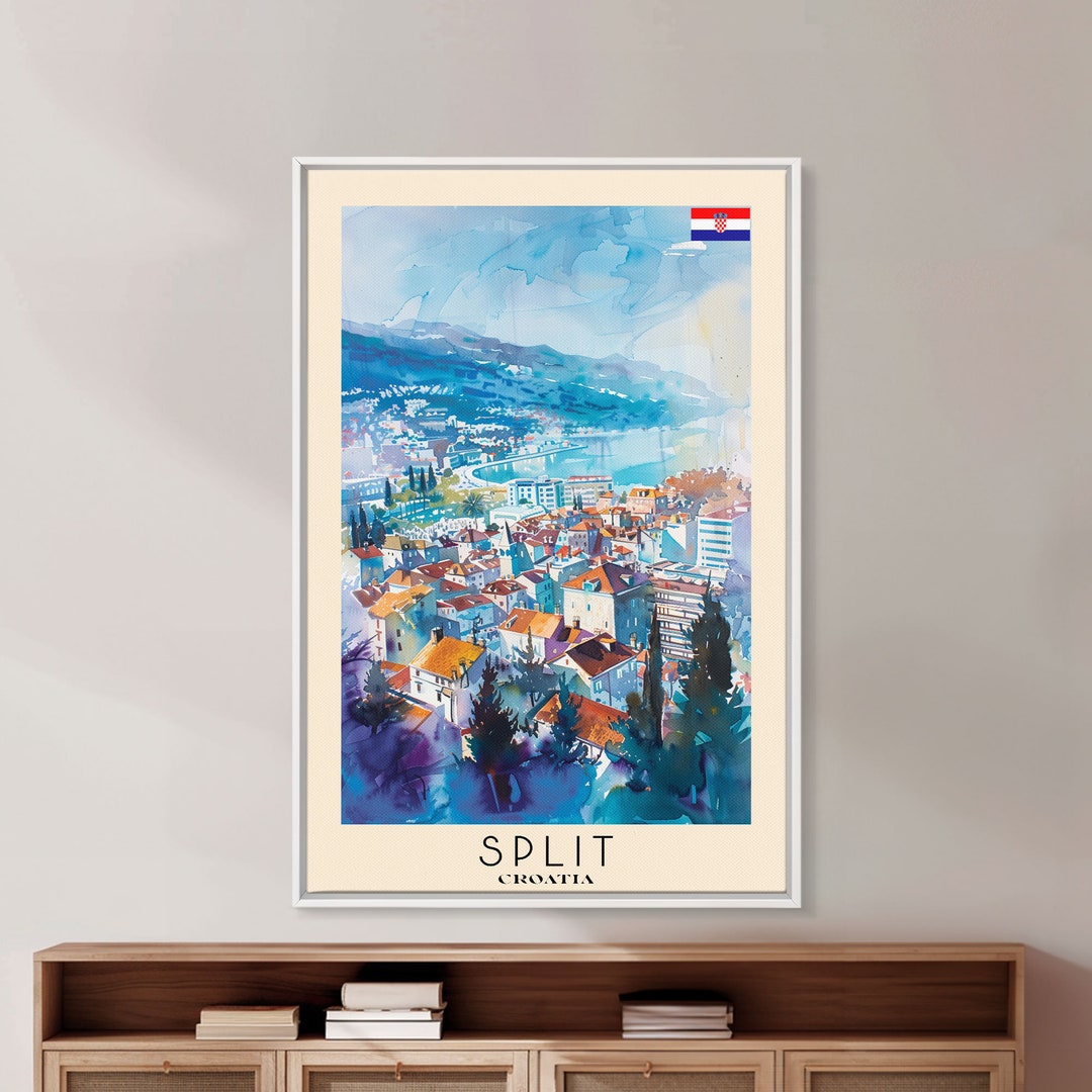 Split Croatia Travel Poster Framed Canvas Print, Watercolor Painting ...