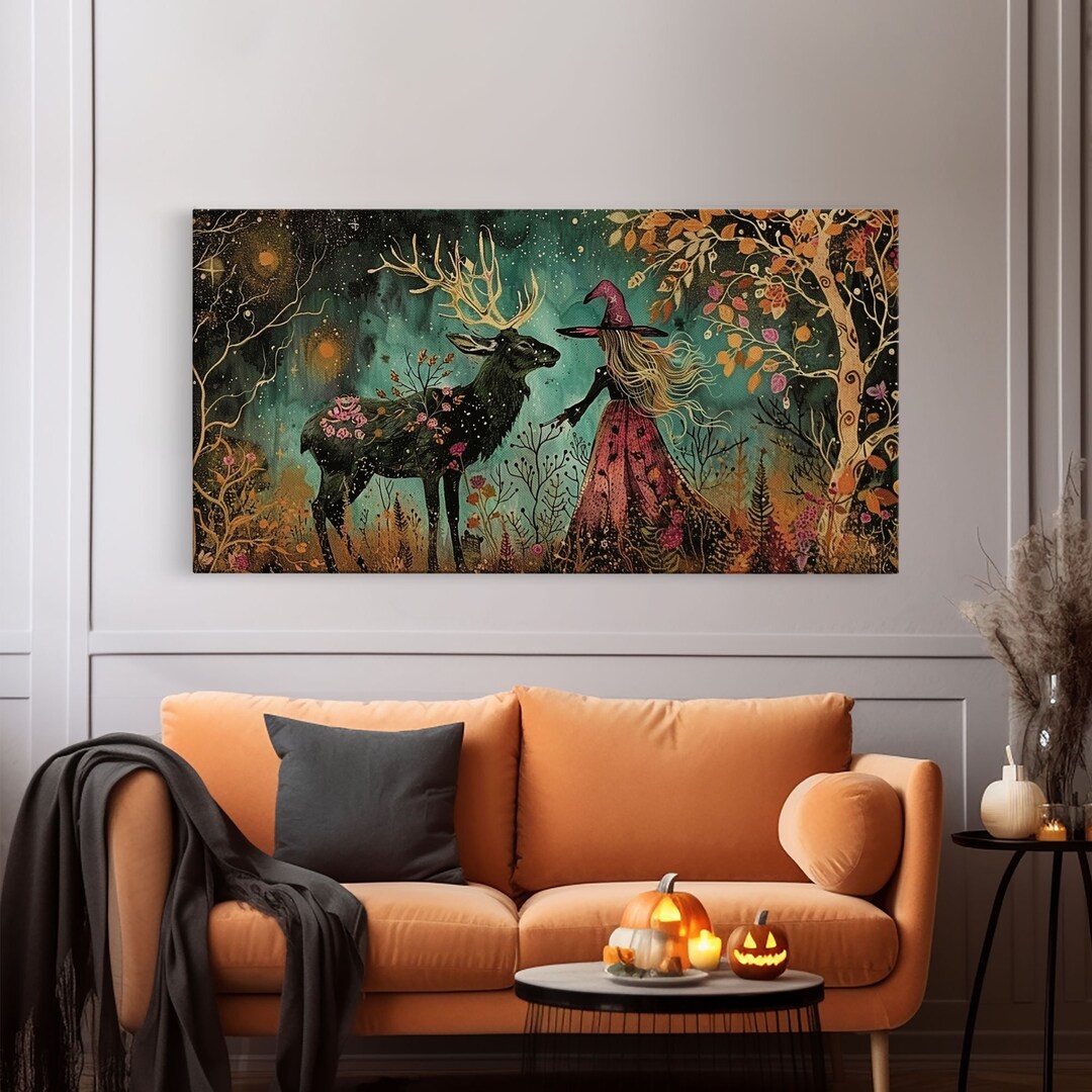 Victorian Witch and Her Deer Familiar | Framed Canvas Print | Dark ...