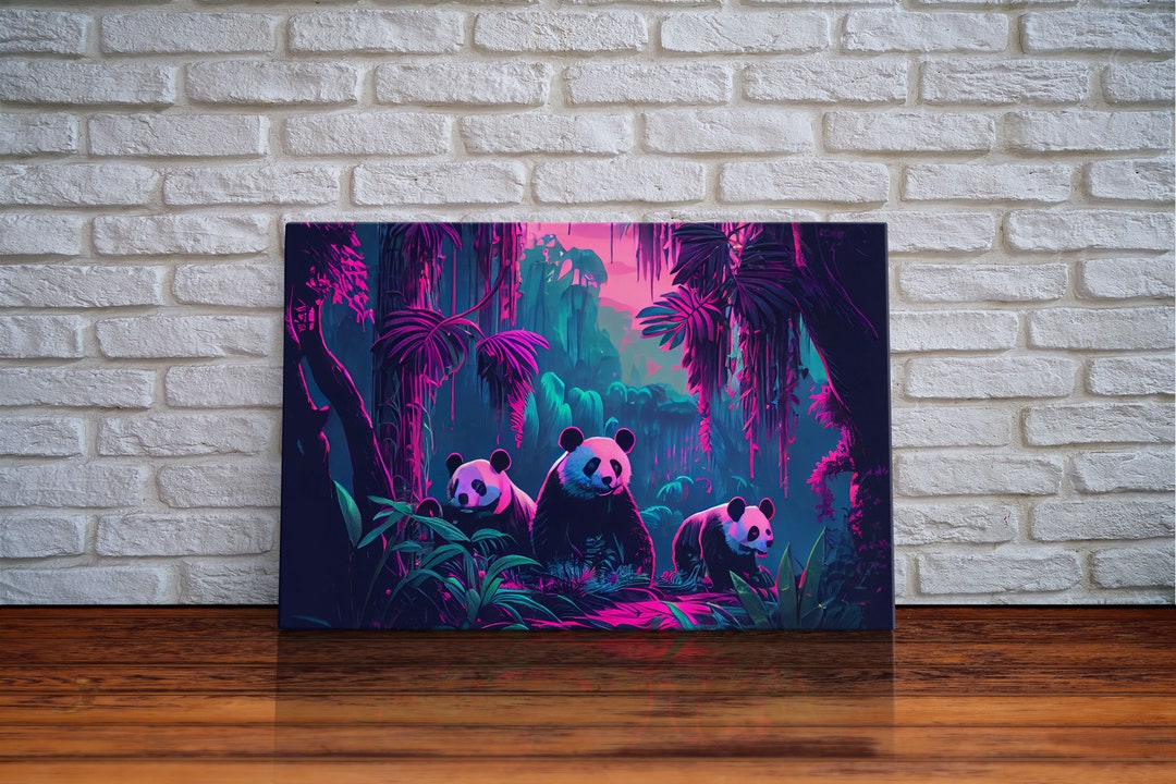 3 Cute Pandas in the Jungle, Watercolor Art, Framed Canvas Print ...