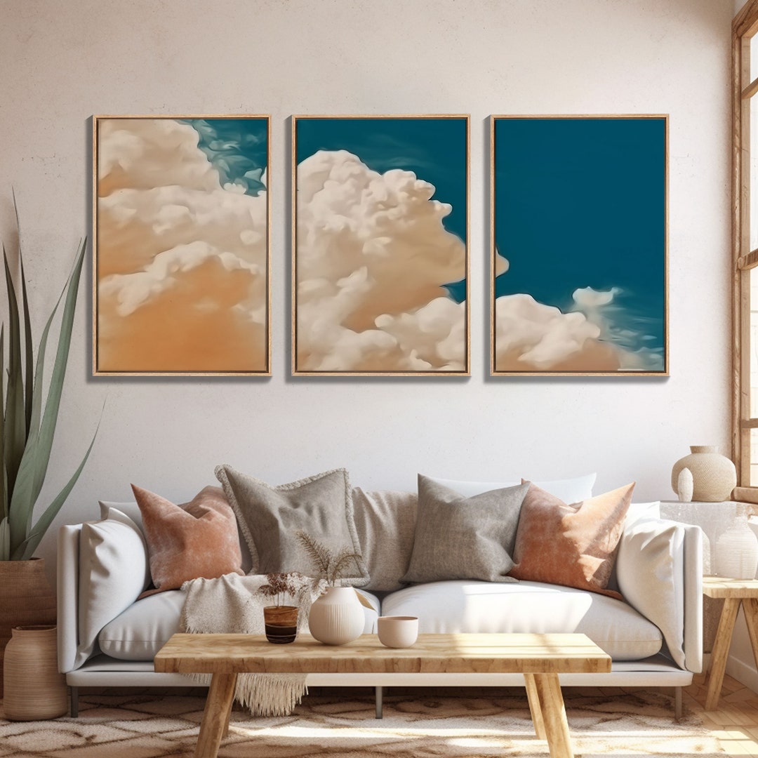 Cloud Wall Art Triptych 3 Piece Set Blue Wall Art Abstract Art Print Minimalist Wall Ar Indigo ...