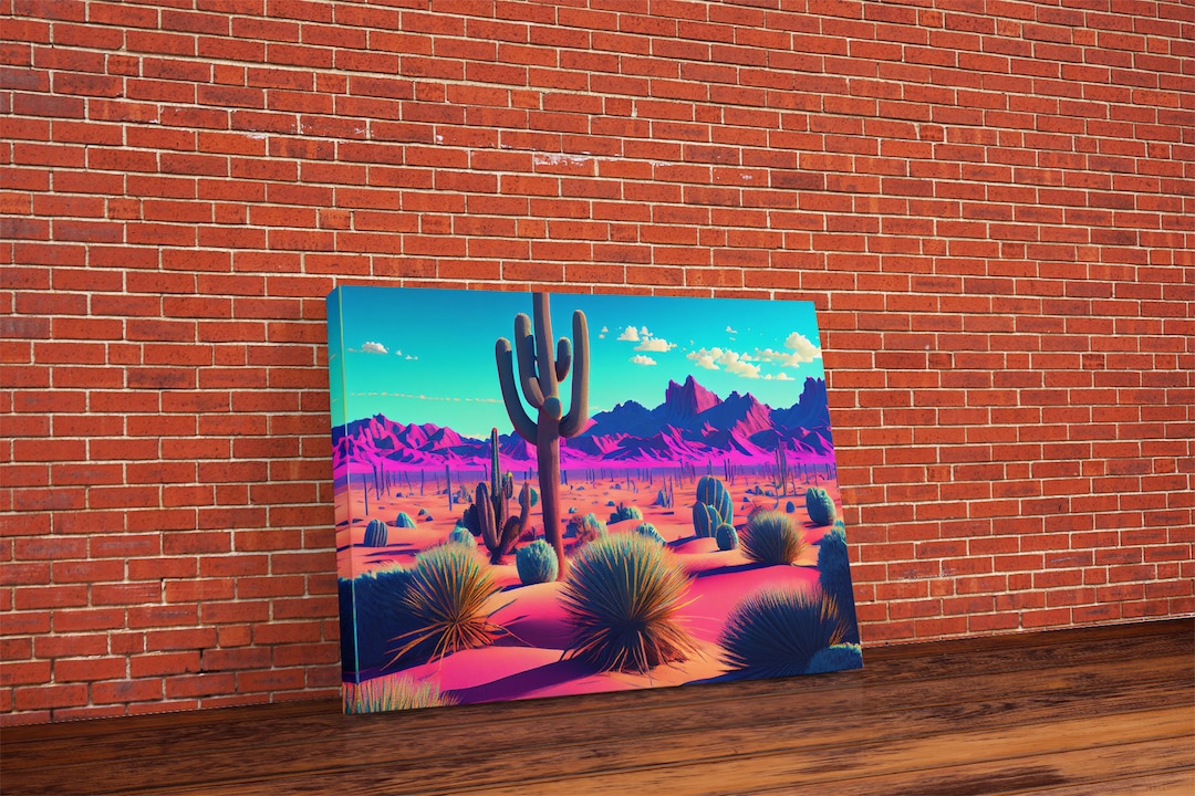 Synthwave Style Cactus Art, Retro Desert Abstract, Framed Canvas Print ...
