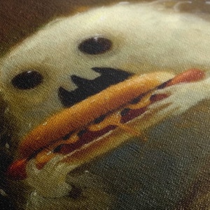 Cute Ghost Chompin on A Hot Dog, Ghostly Hot Dog Thief, Framed Canvas ...