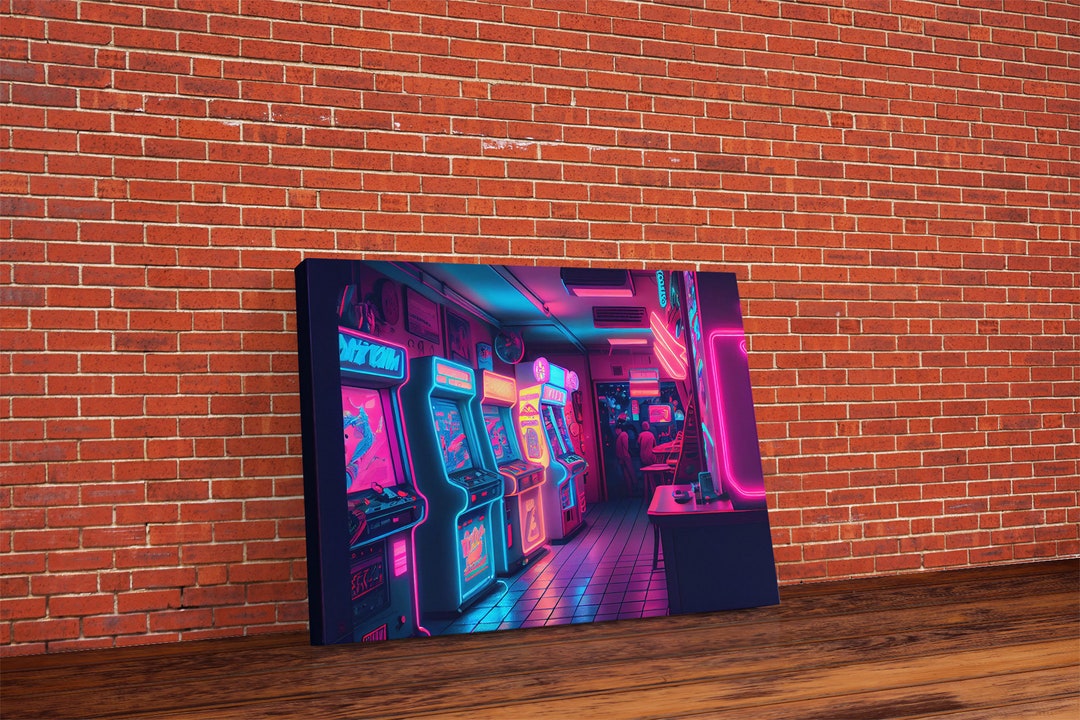 Neon Arcade, Unique Game Room Art, Retrowave Arcade Machine Art, Framed Canvas Print, Framed ...