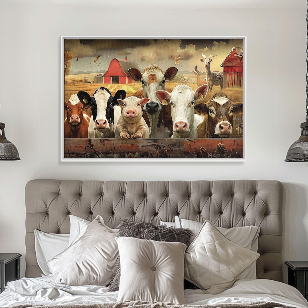 Farm Animals on the Fence, Framed Canvas Print, Cute Animal Decor ...