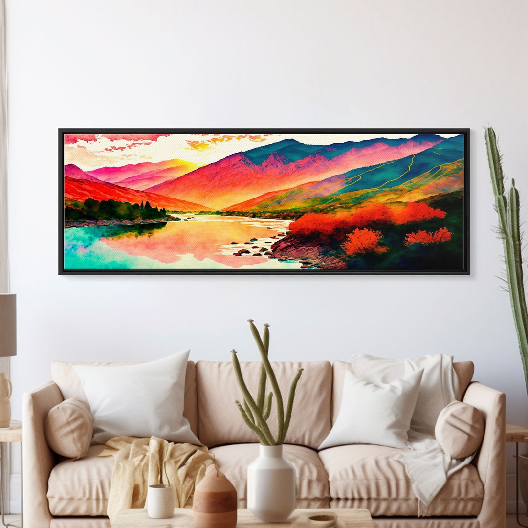 Colorful Abstract Watercolor Landscape, Framed Panoramic Canvas Print ...