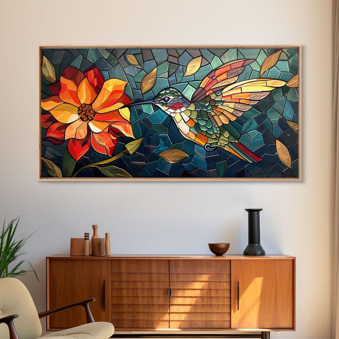 Hummingbird Framed Canvas Print in a Stained Glass Aesthetic Style ...
