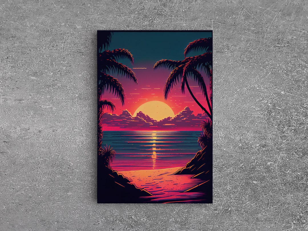8 Bit Pixel Art Sunset, Synthwave Style Palm Tree Beach, Framed Canvas ...