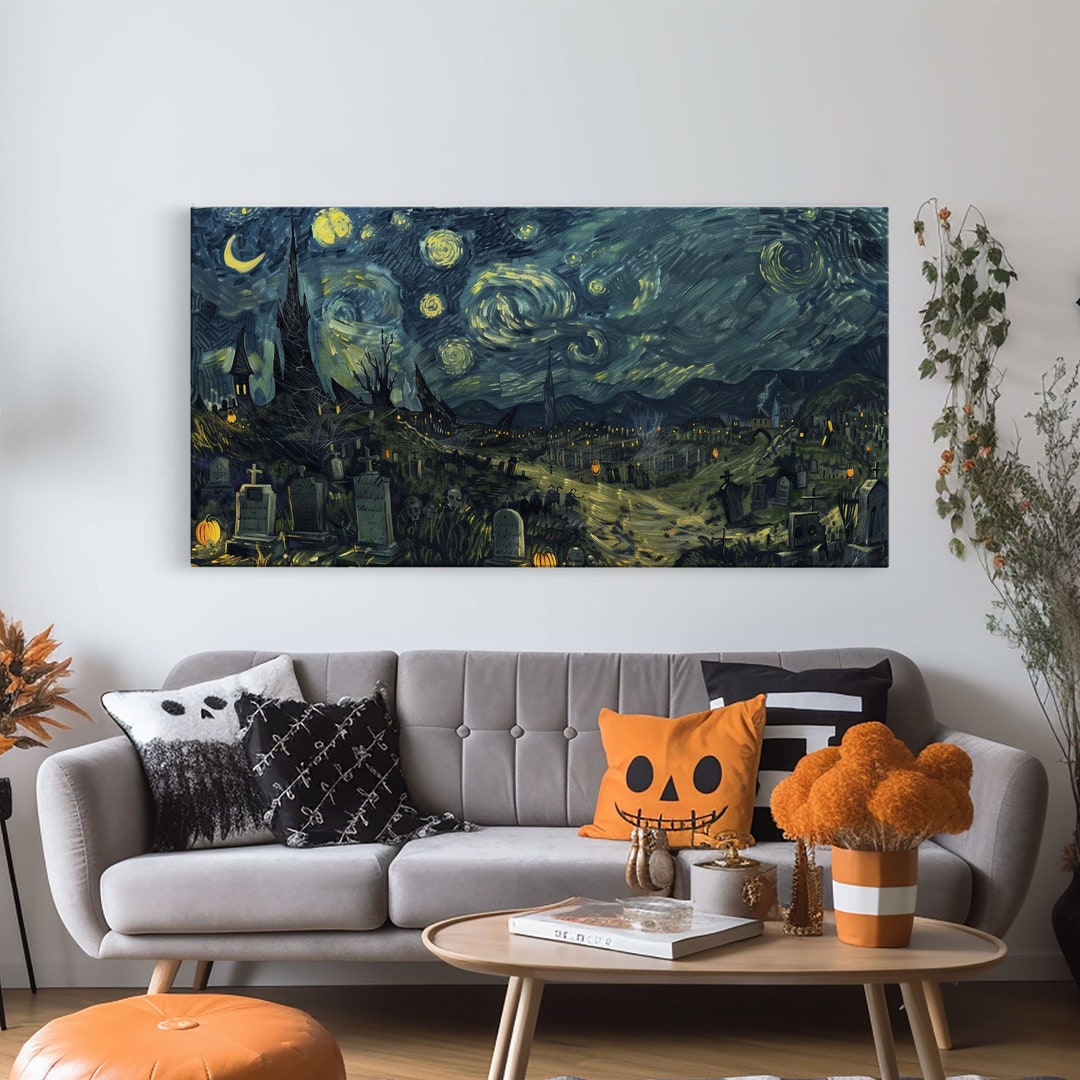 Starry Night Inspired Haunted Cemetery Framed Canvas Print, Halloween ...