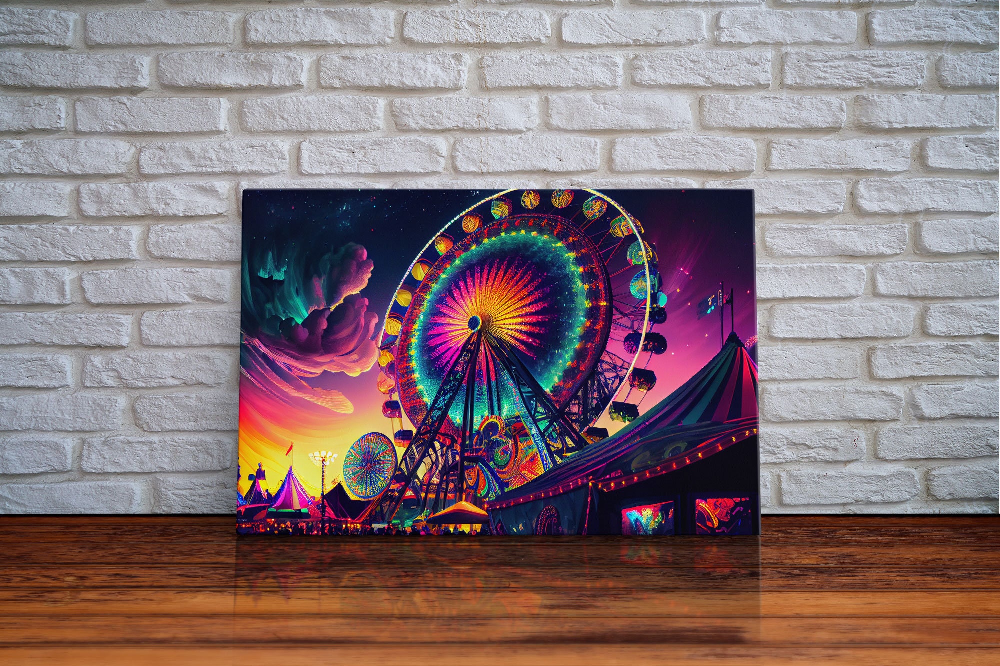 Synthwave Ferris Wheel Watercolor Art Framed Canvas Print - Etsy