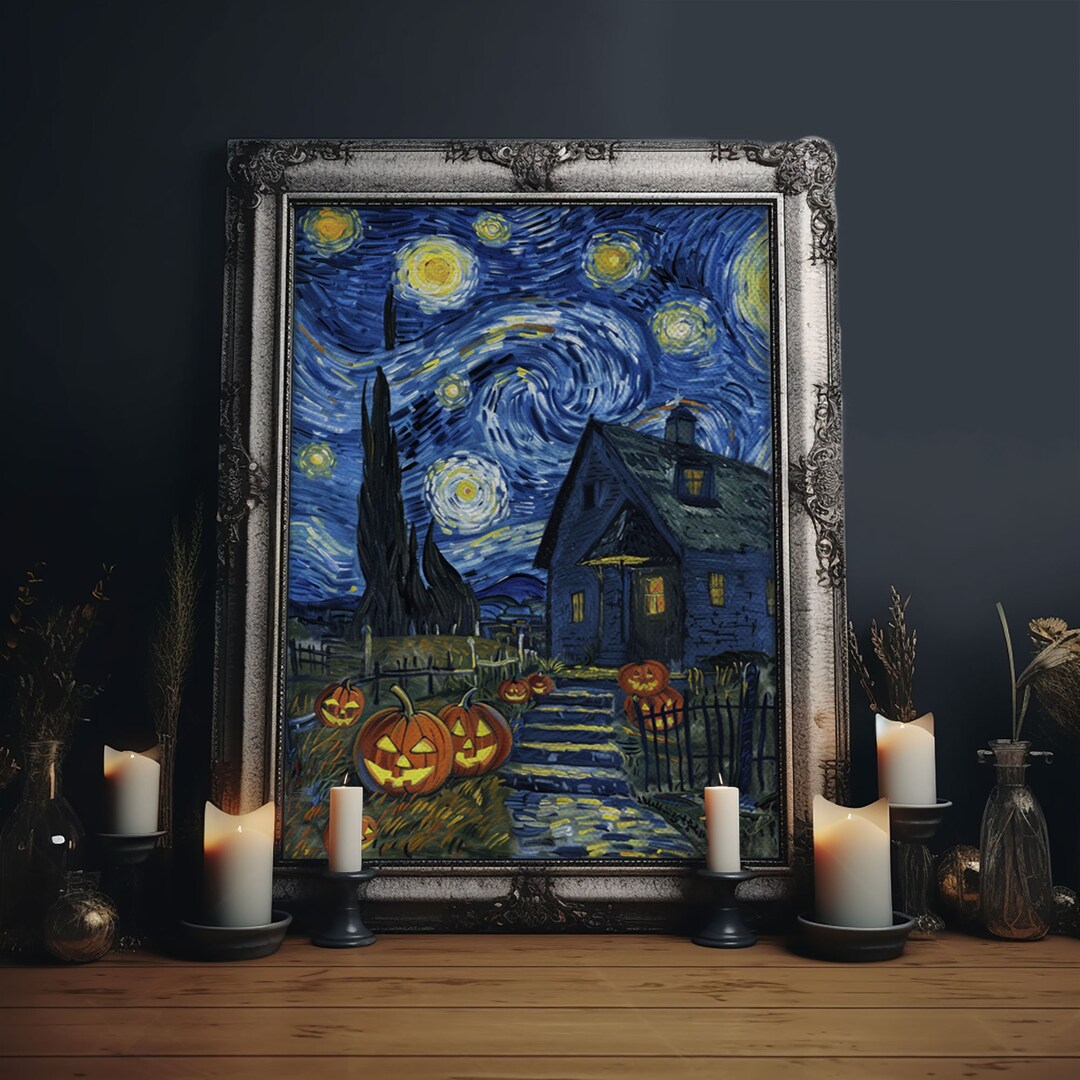 Spooky Starry Night With Jack-o-lanterns Framed Canvas Print, Halloween ...