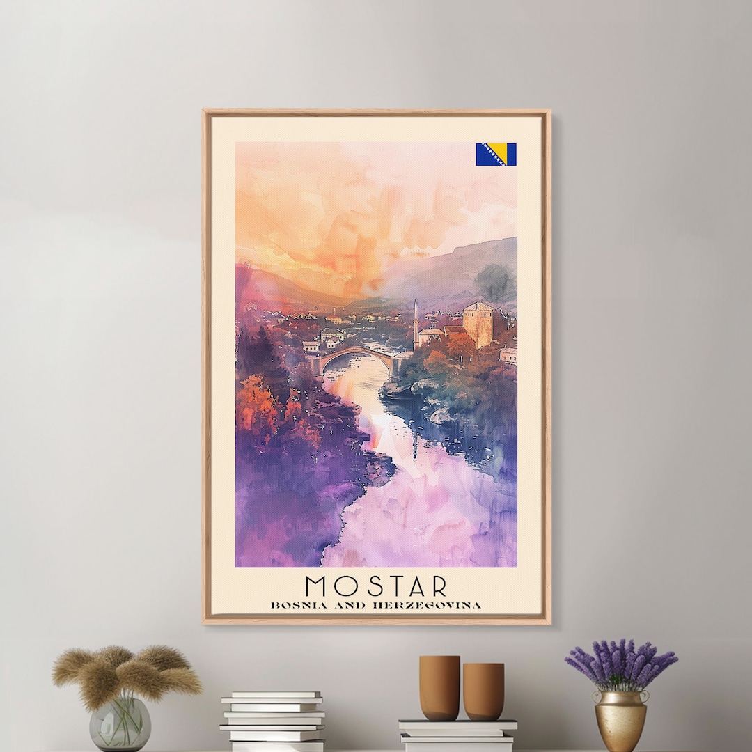 Mostar Bosnia Travel Poster Framed Canvas Print, Scenic Landscape ...