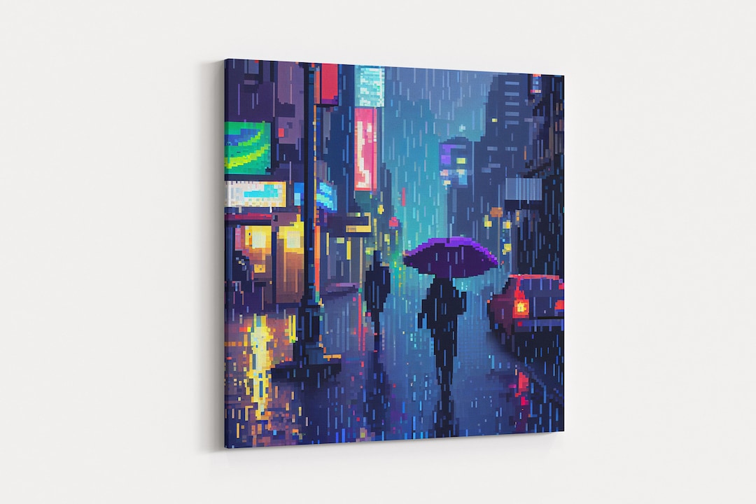 Rainy Day Pixel Art, Cyberpunk Pixel City, Framed Canvas Print, Wall ...