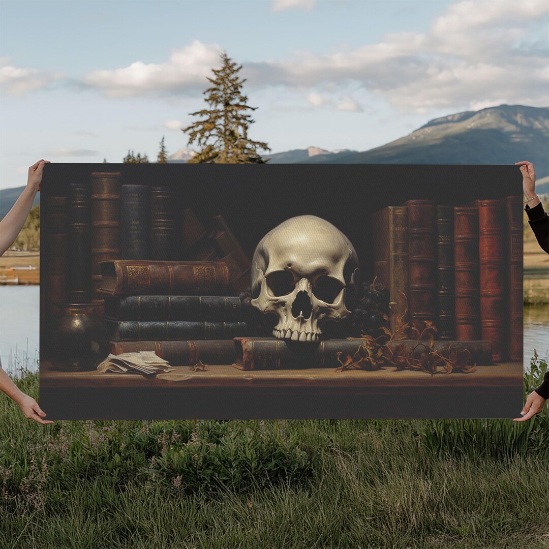 Victorian Gothic Library Art, the Skull on the Shelf, Framed Canvas ...