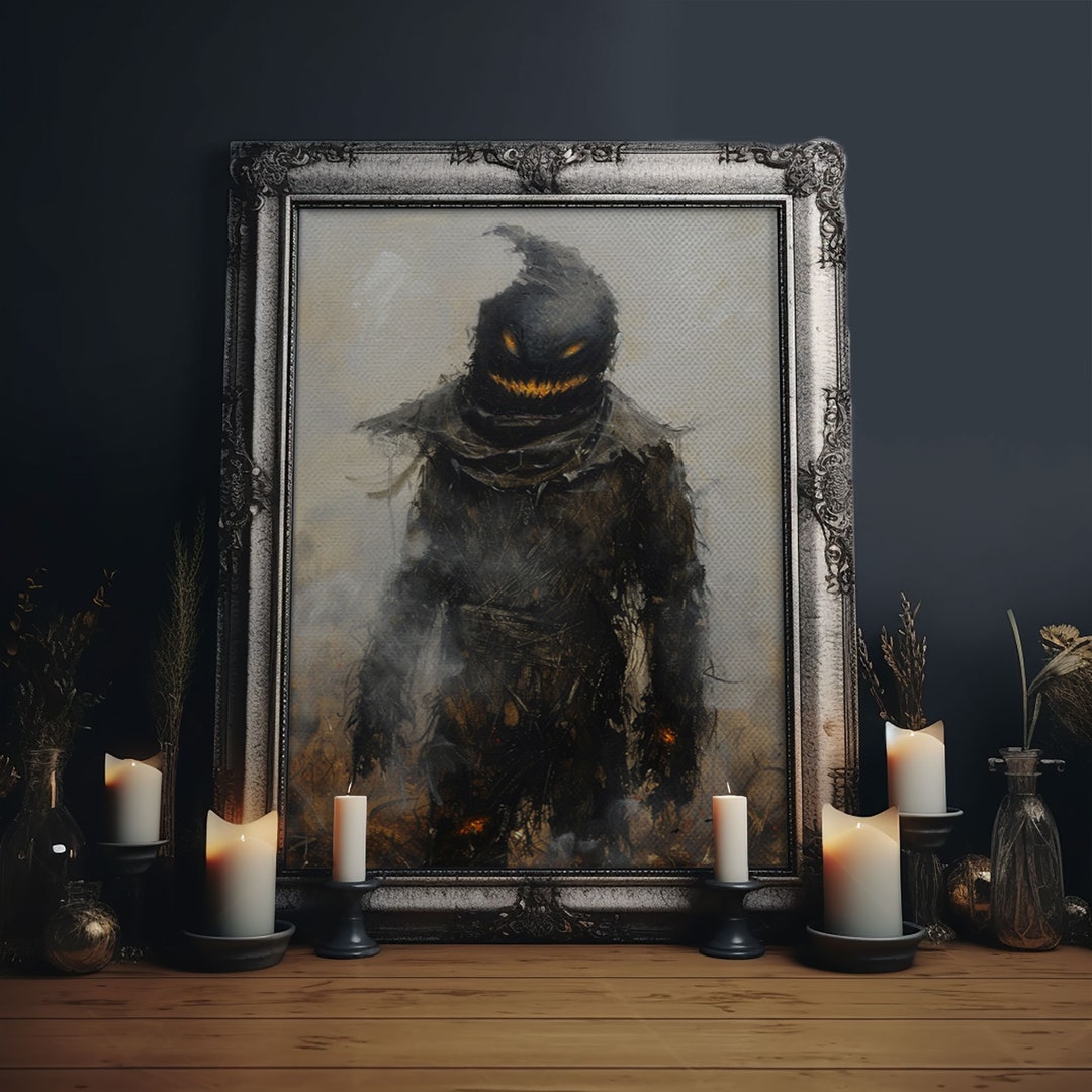 Scarecrow With Glowing Eyes in Dark Field, Framed Canvas Print ...