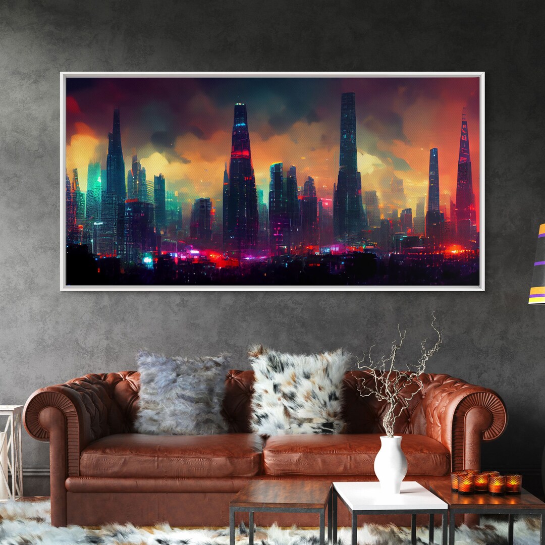 Dystopian Cyberpunk City, Ready to Hang Canvas Print Wall Art, Framed ...