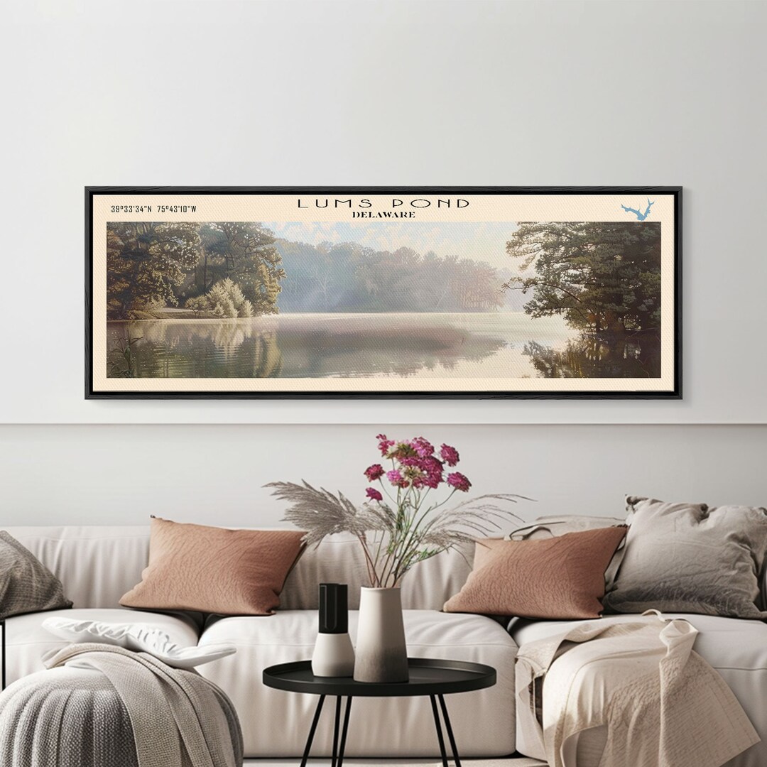 Lums Pond Delaware Framed Canvas Print, Lake House Decor, Panoramic ...