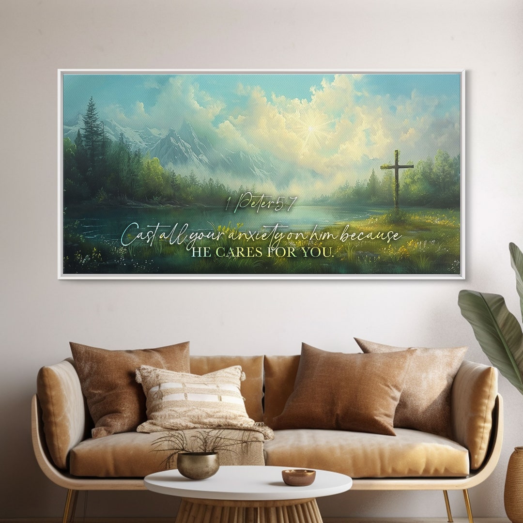 Bible Verse Wall Art, Scripture Print, Framed Canvas Art, 1 Peter 5:7 ...