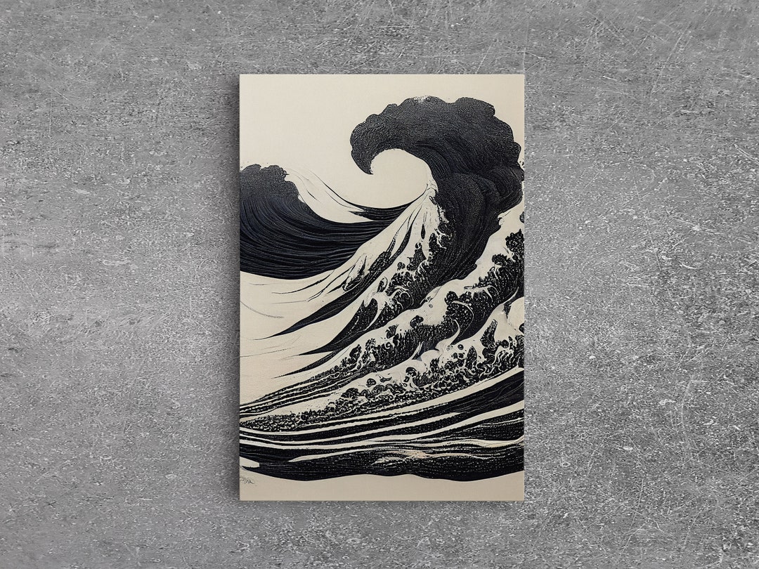 Black and White Tsunami Waves, Japanese Style Art, Framed Canvas Print ...