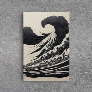 Black and White Tsunami Waves, Japanese Style Art, Framed Canvas Print ...