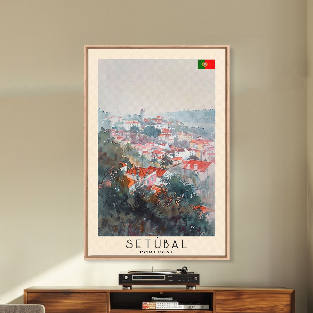 Setubal Portugal Travel Poster Framed Canvas Print, Watercolor Painting ...
