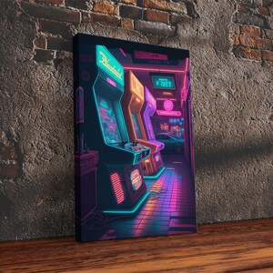 The Neon Arcade, Gamer Room Decor, Unique Game Room Art, Framed Canvas ...
