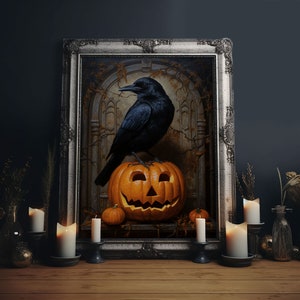 Macabre Crow Atop A Jack O Lantern, Framed Canvas Print, Halloween ...