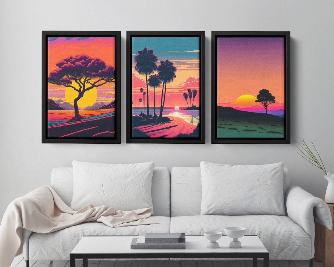 Triptych 3 Panel Wall Art Framed Canvas Prints Synthwave - Etsy